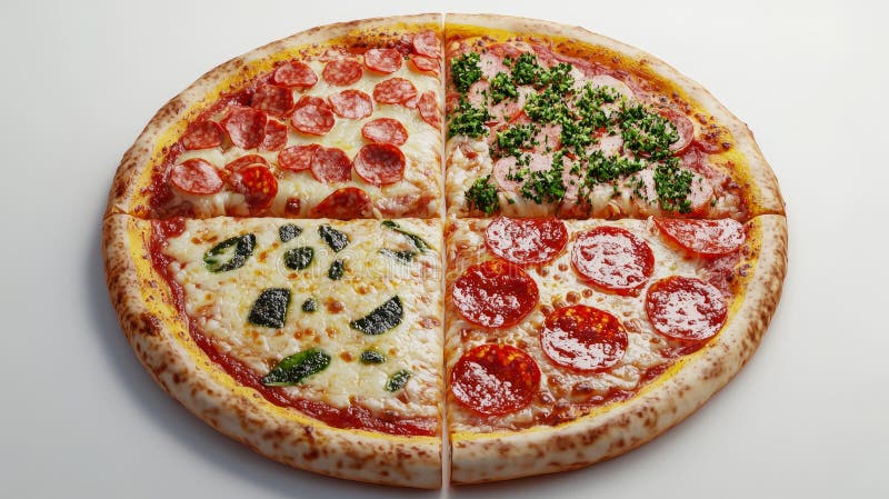 3D Rendered Pizza with Four Sections and Varied Toppings Stock ...