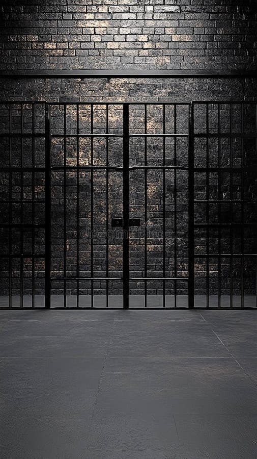 A 3D Rendered Prison Cell with Metal Bars and a Dark Brick Wall Creates ...