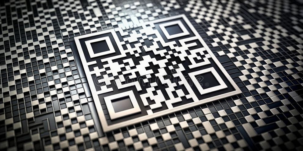 A 3D Rendered QR Code Embossed on a Black and White Checkered Surface Stock Illustration ...