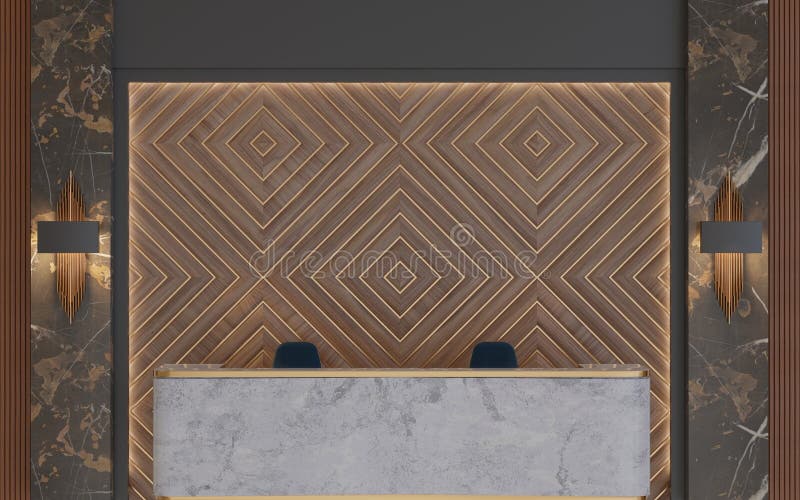 3D Render Receptionist Backdrop Black Marble and Motif Wood Material ...