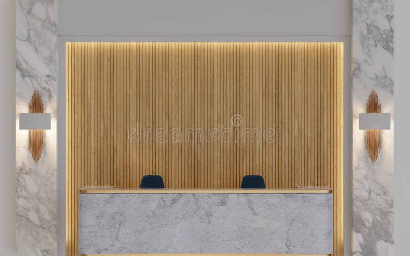 3D Render Receptionist Backdrop White Marble and Wood Material Stock ...