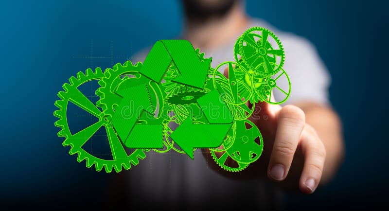 3D Rendered Recycling Icon Hovering in Mans Hand Stock Illustration ...