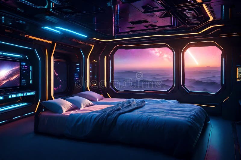 3d Rendered RGB Neon-colored Bedroom in Space with a Glass Window ...