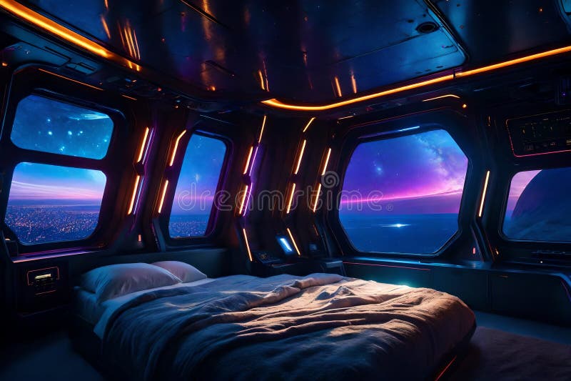 3d Rendered RGB Neon-colored Bedroom in Space with a Glass Window ...
