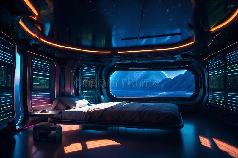 3d Rendered RGB Neon-colored Bedroom in Space with a Glass Window ...