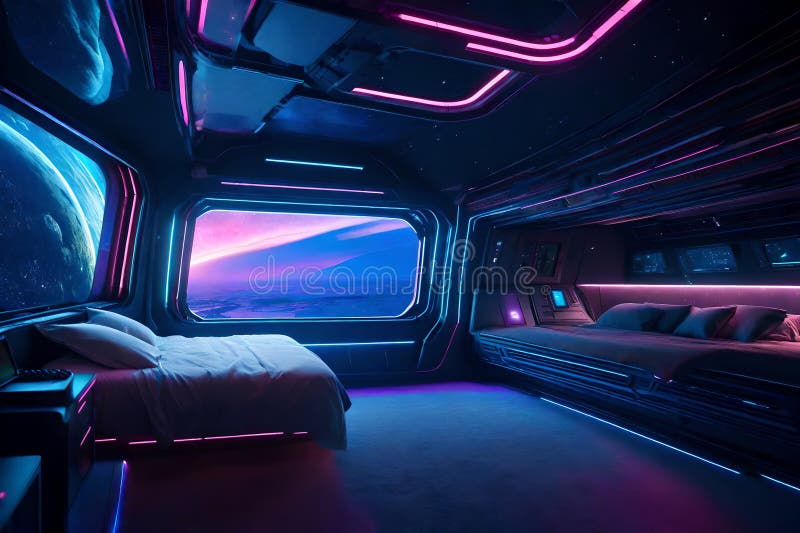 3d Rendered RGB Neon-colored Bedroom with a Space View through Glass ...