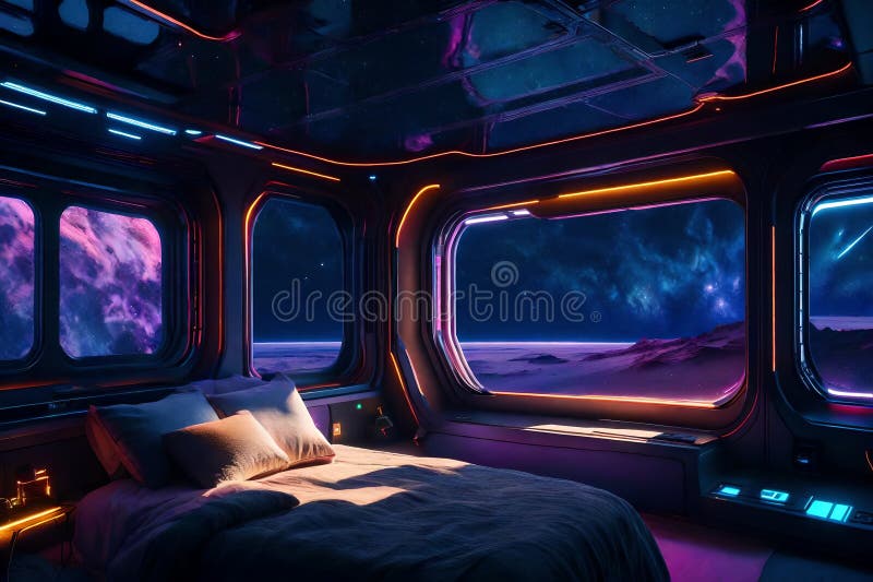 3d Rendered RGB Neon-colored Bedroom with a Space View through Glass ...