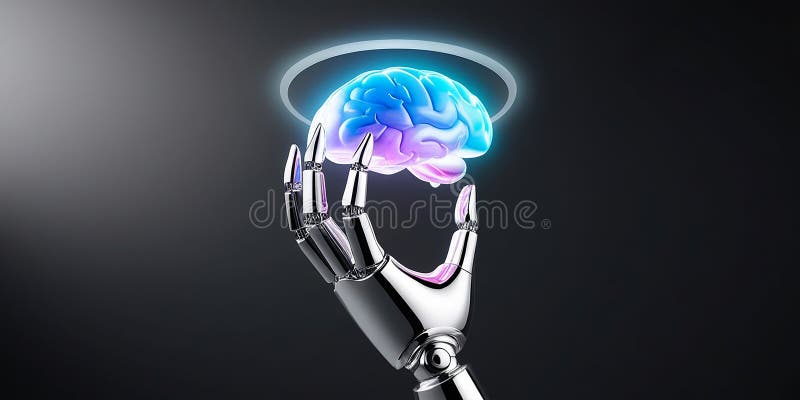 A 3D-rendered Robotic Hand Holding a Glowing Brain, Showcasing the ...