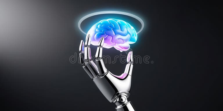 A 3D-rendered Robotic Hand Holding a Glowing Brain, Showcasing the Intersection of AI, Machine ...