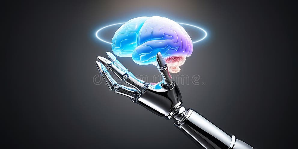 A 3D-rendered Robotic Hand Holding a Glowing Brain, Showcasing the Intersection of AI, Machine ...