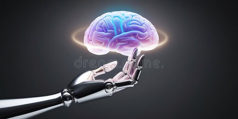 A 3D-rendered Robotic Hand Holding a Glowing Brain, Showcasing the Intersection of AI, Machine ...
