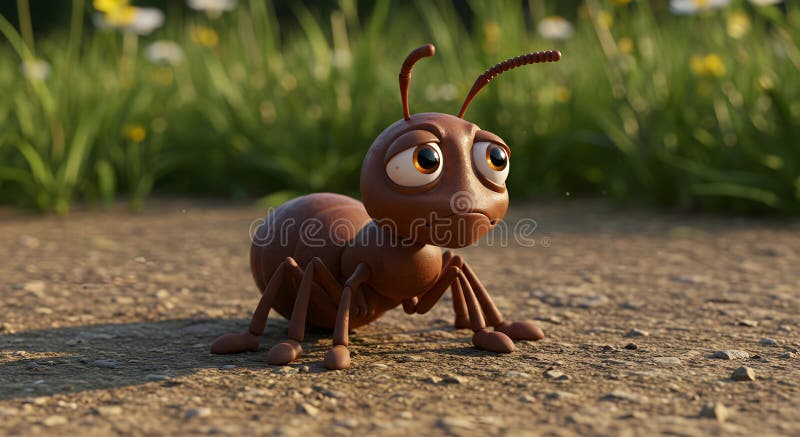 Sad 3D Ant Character Sitting in Nature. Stock Illustration ...
