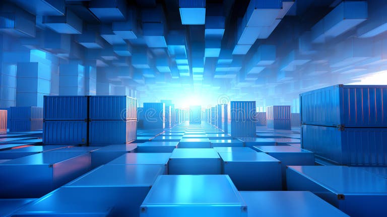 A 3D-rendered Scene of Blue Shipping Containers Arranged in an Orderly ...