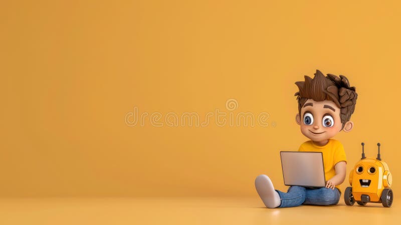 Cartoon Man Working Alongside a Texting Robot on Laptop in a 3D ...