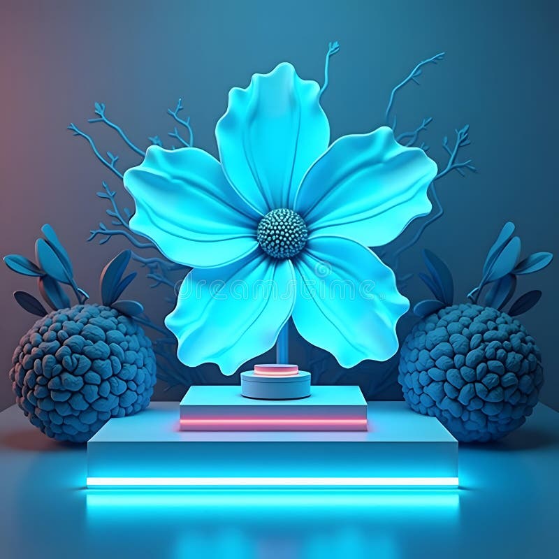 Electric Cyan Flower Backdrop: Jewelry Box on Sleek Neon-lit Platform ...