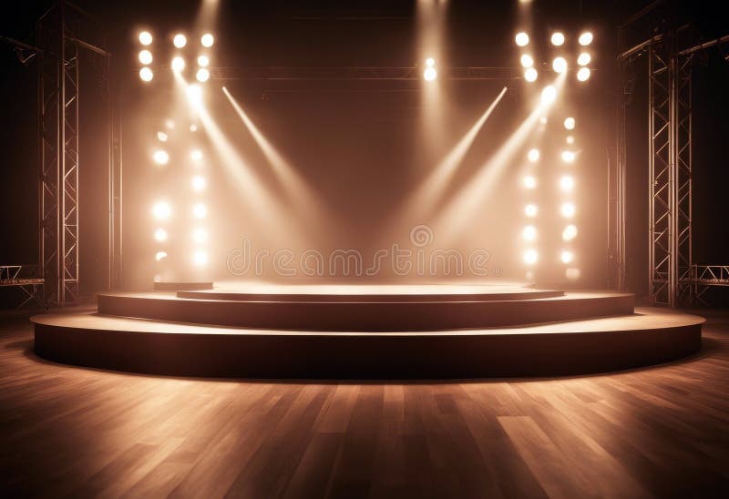 3D Rendered Scene Featuring Empty Stage Bathed Glow Powerful Spotlights ...