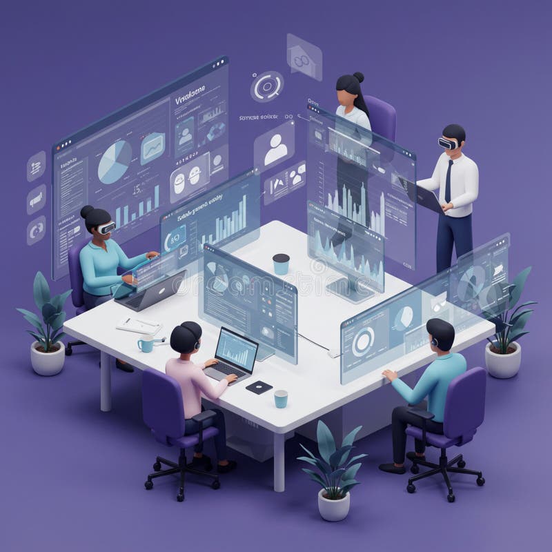 A 3D-rendered Scene of a Futuristic Office Setting Features Four People ...