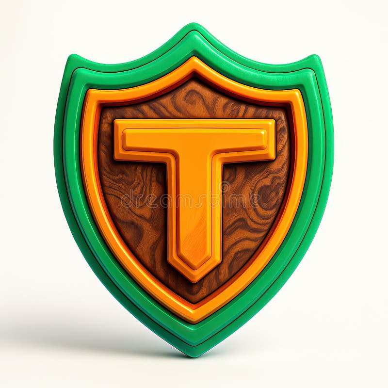 Green Orange and Brown Shield with a Large Orange Letter T on a Wood ...