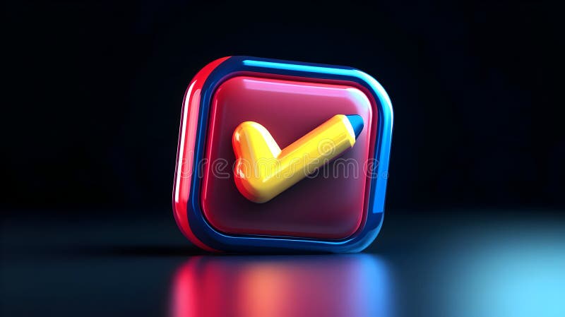 3D Rendered Shiny Red Check Mark Icon on Black Surface Symbolizing ...
