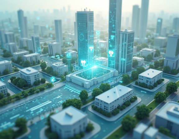 3D Rendered Smart City Visualization. Integrated Medical Systems, Urban ...