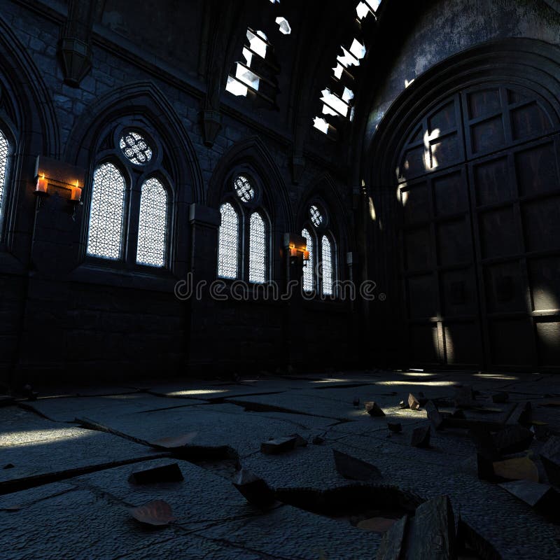 3D Rendered Spooky Gothic Interior from a Chapel Stock Illustration ...