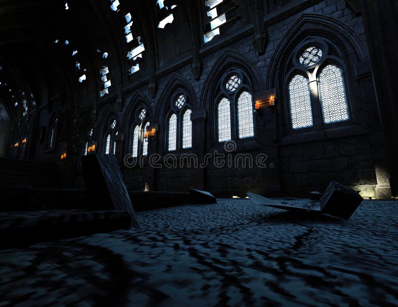 3D Rendered Spooky Gothic Interior from a Chapel Stock Illustration ...