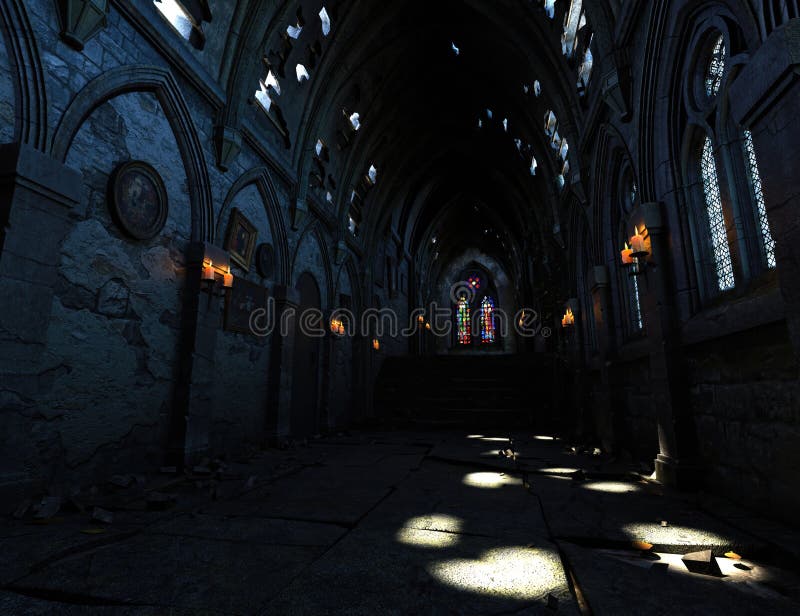 3D Rendered Spooky Gothic Interior from a Chapel Stock Illustration ...