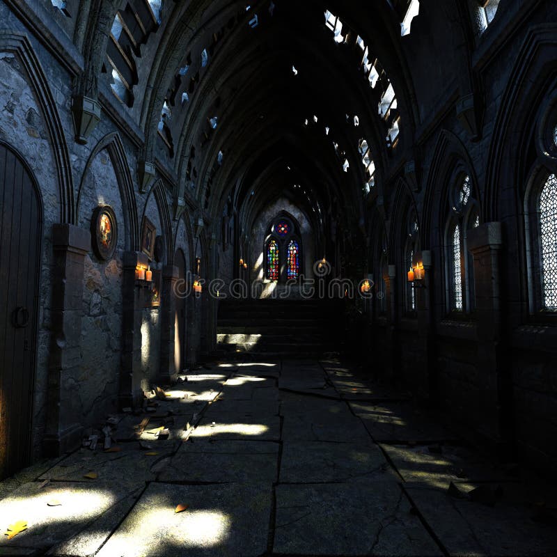 3D Rendered Spooky Gothic Interior from a Chapel Stock Photo - Image of ...