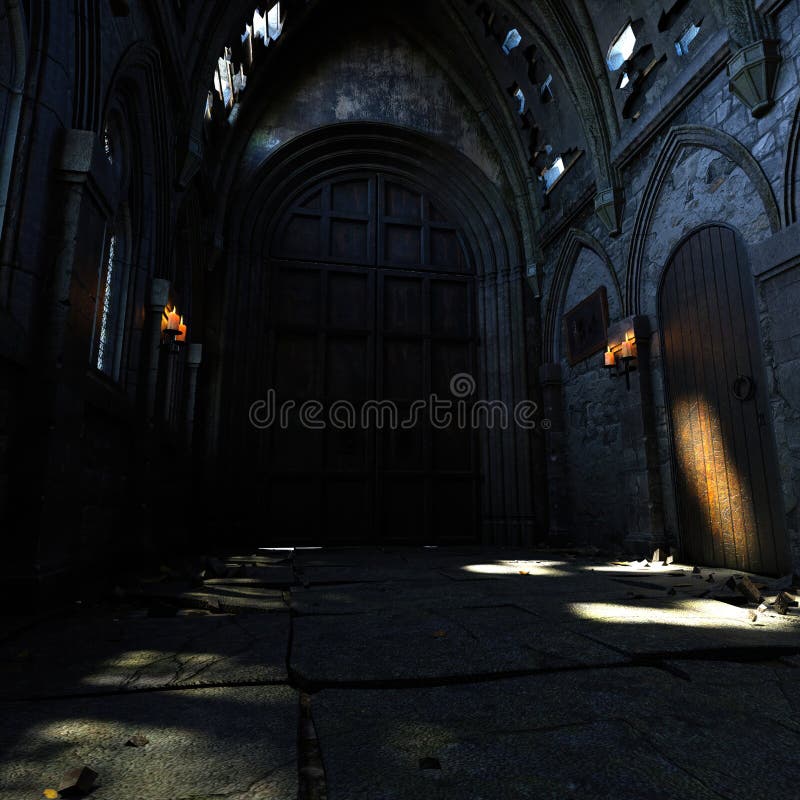 3D Rendered Spooky Gothic Interior from a Chapel Stock Illustration ...