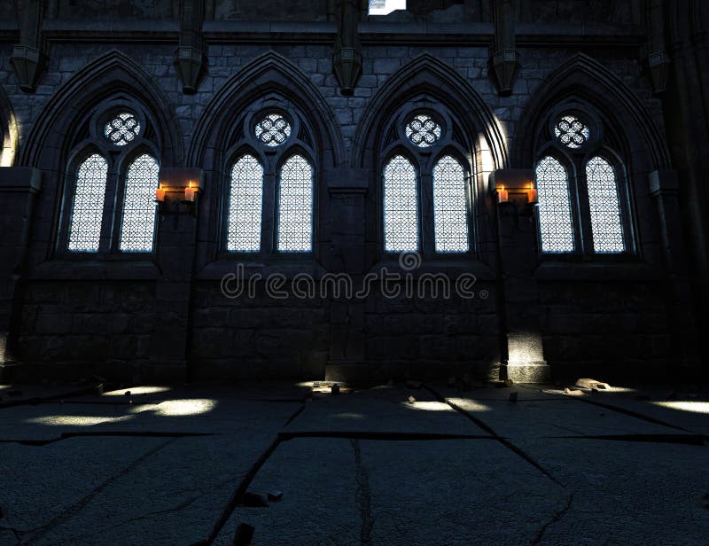 3D Rendered Spooky Gothic Interior from a Chapel Stock Illustration ...