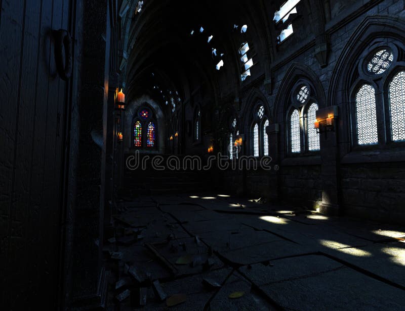 3D Rendered Spooky Gothic Interior from a Chapel Stock Illustration ...