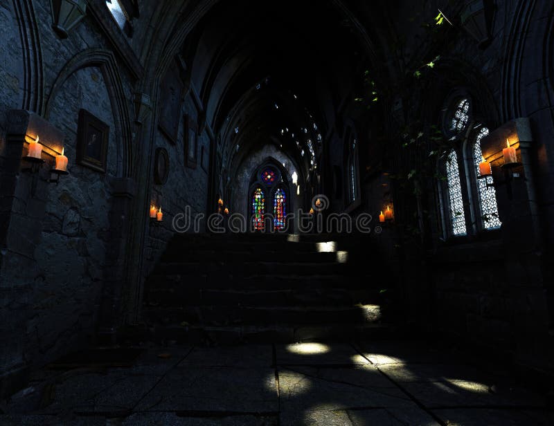 3D Rendered Spooky Gothic Interior from a Chapel Stock Illustration ...