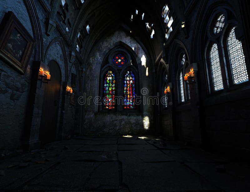 3D Rendered Spooky Gothic Interior from a Chapel Stock Illustration ...