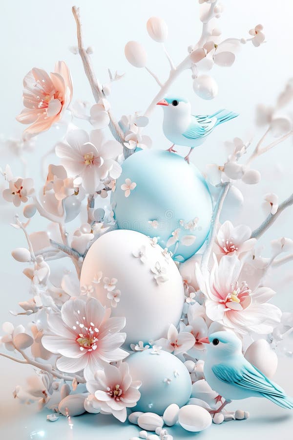 3D-rendered Spring Fantasy Scene Featuring Soft Blue and Pink Floral ...