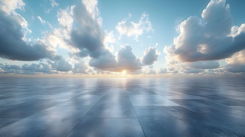 3D Rendered Sunset Sky with Clouds Reflection on Tiles Background Stock ...