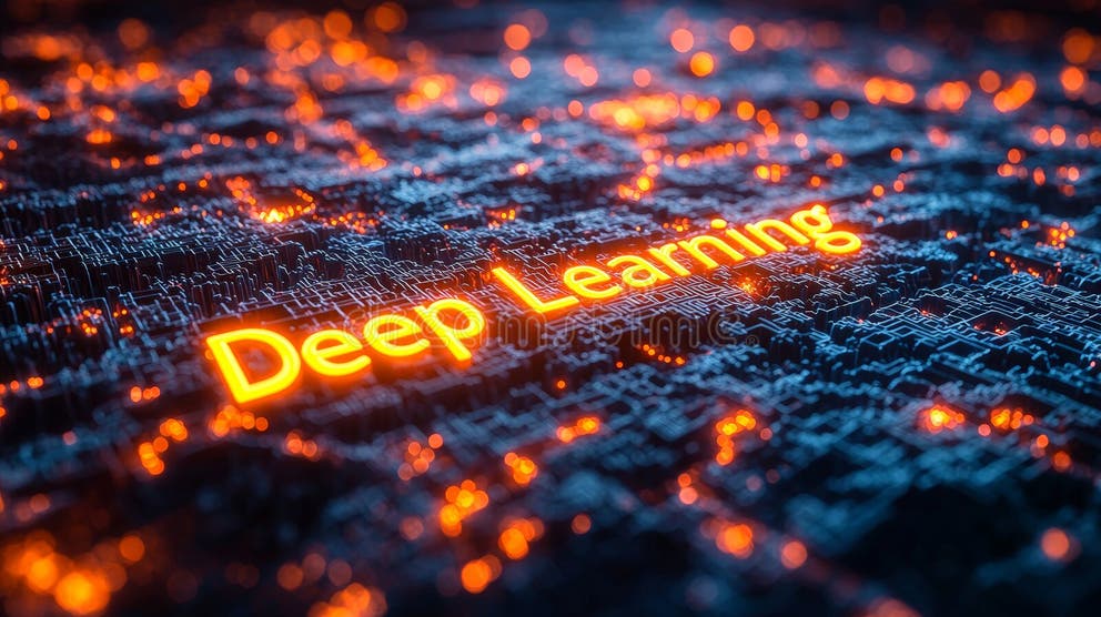 A 3D-rendered Text Reading "Deep Learning" in a High-tech, Networked ...