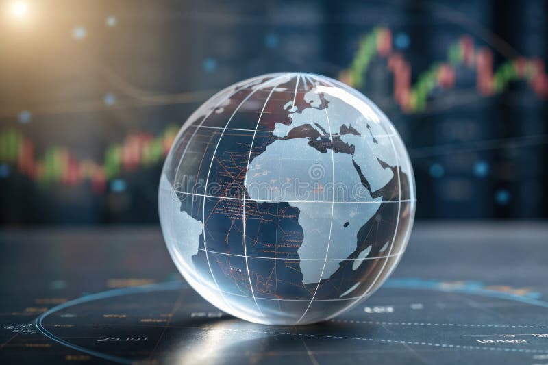 3D Rendered Transparent Globe Showcasing World with Financial Graphs in ...
