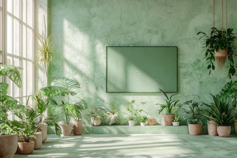 A 3D-rendered TV Studio with a TV Mounted on the Wall Provides an ...