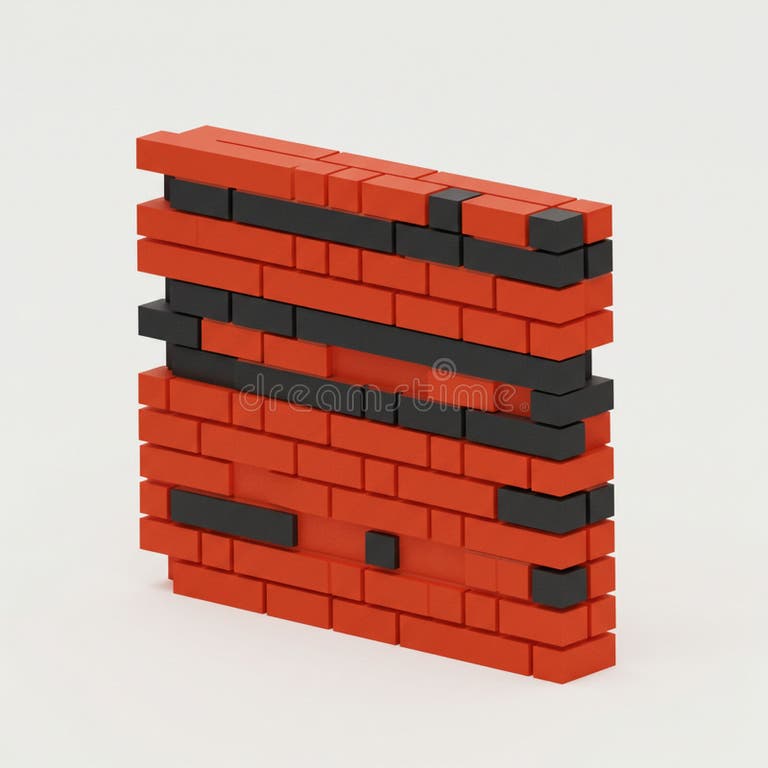 A 3D-rendered Wall Composed of Staggered Red and Black Geometric Blocks ...