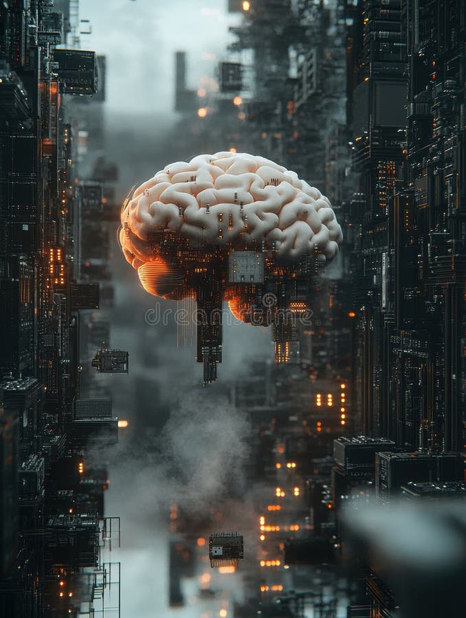 A 3D-rendered White Brain Floating in a Dark Cyberpunk Setting, with ...
