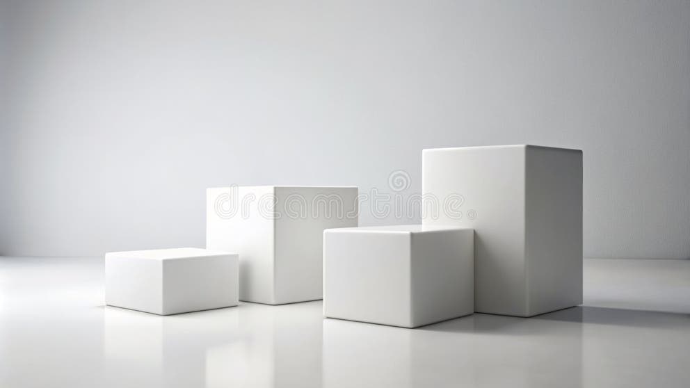 3D Rendered White Cube Boxes of Varying Sizes Against a Blank White ...
