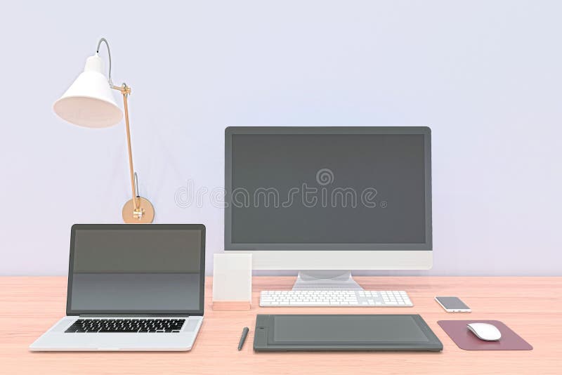 3D-rendered Working Desk with a Laptop and Computer Screen Over the ...