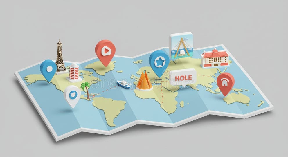 3D Rendered World Map Featuring Iconic Landmarks and Location Pins ...