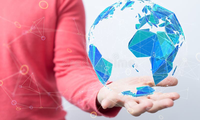 3D Rendered World Map Hovering in Mans Hand Stock Image - Image of ...