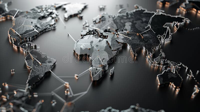 3D Rendered Metallic World Map with Glowing Connections Stock ...