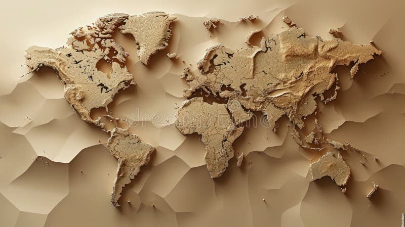 A 3D Rendered World Map with Textured Detail and a Light Beige ...