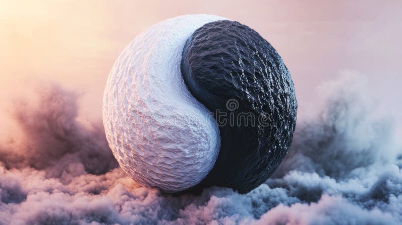 3D Rendered Yin Yang Sphere in Soft Pastel Clouds Stock Illustration ...