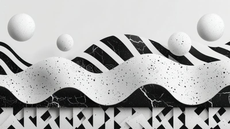 A 3D Rendering of Abstract Art Featuring Black and White Spheres, Waves ...