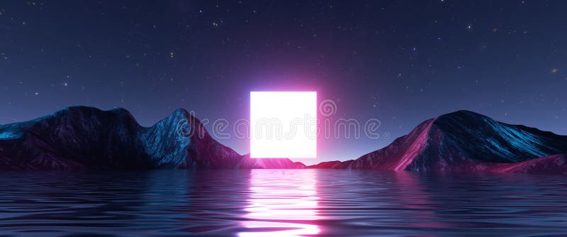 3d Rendering, Abstract Background with Landscape and Square Geometric ...