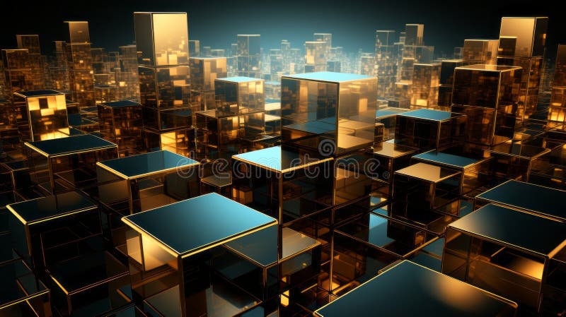 3d Rendering of an Abstract City with Golden Cubes Stock Illustration ...
